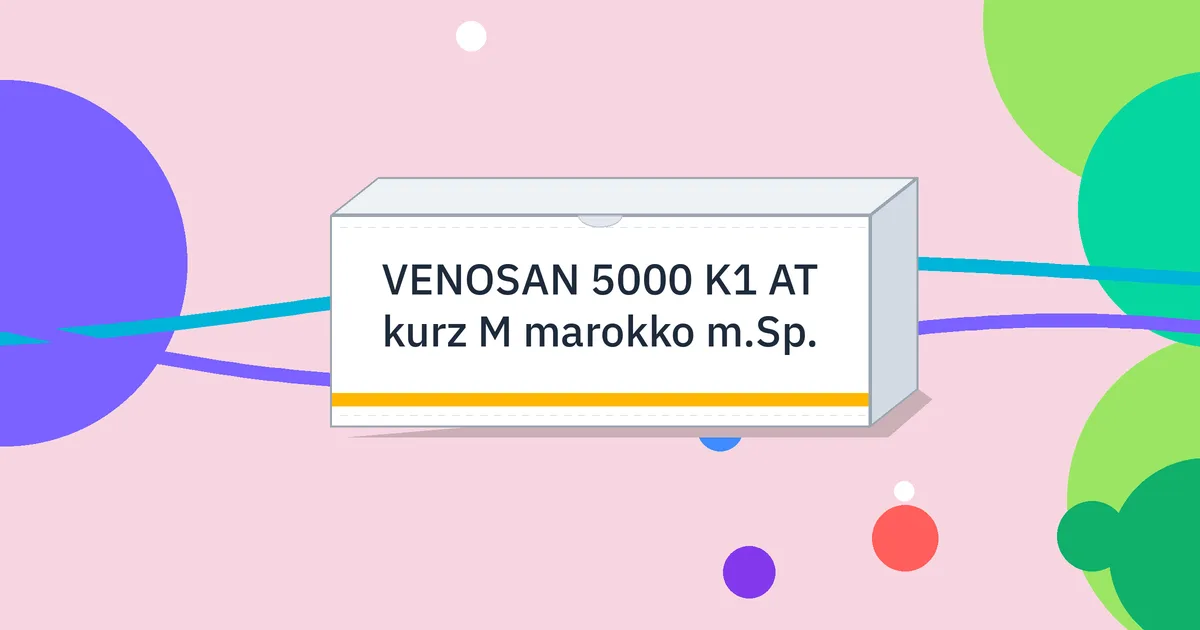 Symbolbild: Packung mit der Aufschrift VENOSAN 5000 K1 AT kurz M marokko m.Sp. (PZN 14431287) – Verfügbarkeit und Bezug in Apotheken in Frankfurt am Main