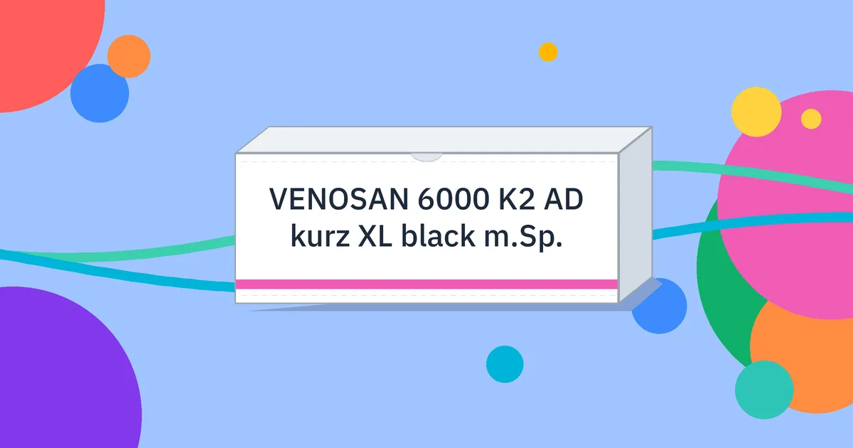 Symbolbild: Packung mit der Aufschrift VENOSAN 6000 K2 AD kurz XL black m.Sp. (PZN 17172604) – Verfügbarkeit und Bezug in Apotheken in Frankfurt am Main