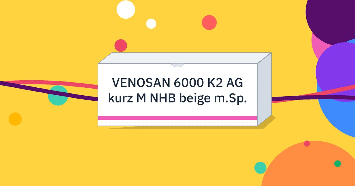 Symbolbild: Packung mit der Aufschrift VENOSAN 6000 K2 AG kurz M NHB beige m.Sp. (PZN 17172828) – Verfügbarkeit und Bezug in Apotheken in Frankfurt am Main