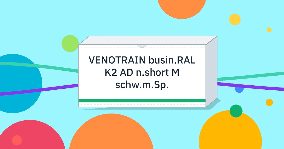 Symbolbild: Packung mit der Aufschrift VENOTRAIN busin.RAL K2 AD n.short M schw.m.Sp. (PZN 06949515) – Verfügbarkeit und Bezug in Apotheken in Frankfurt am Main