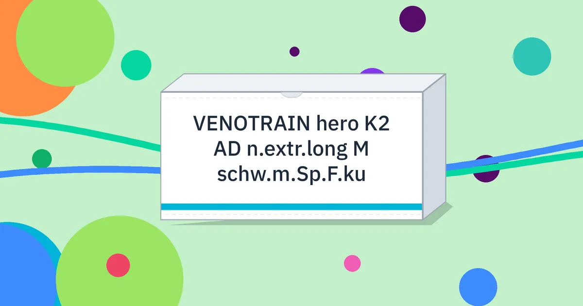 Symbolbild: Packung mit der Aufschrift VENOTRAIN hero K2 AD n.extr.long M schw.m.Sp.F.ku (PZN 19189661) – Verfügbarkeit und Bezug in Apotheken in Frankfurt am Main