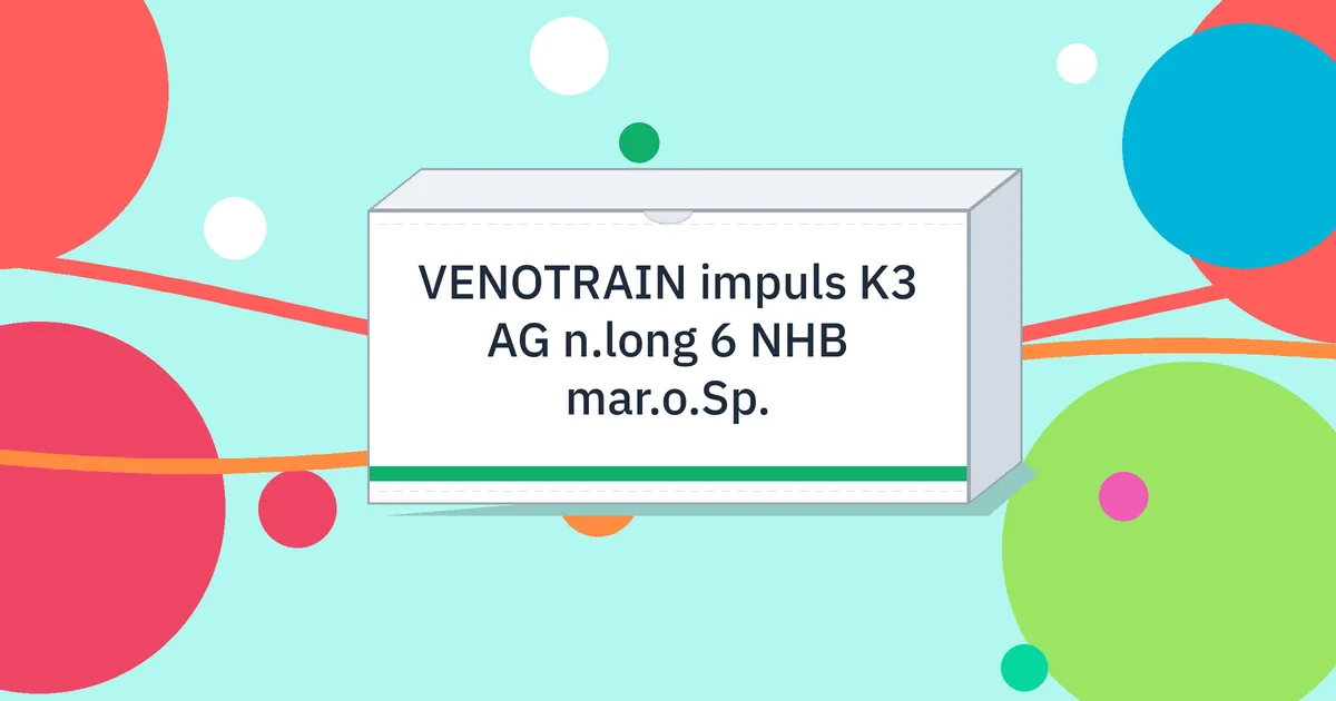 Symbolbild: Packung mit der Aufschrift VENOTRAIN impuls K3 AG n.long 6 NHB mar.o.Sp. (PZN 15215640) – Verfügbarkeit und Bezug in Apotheken in Frankfurt am Main