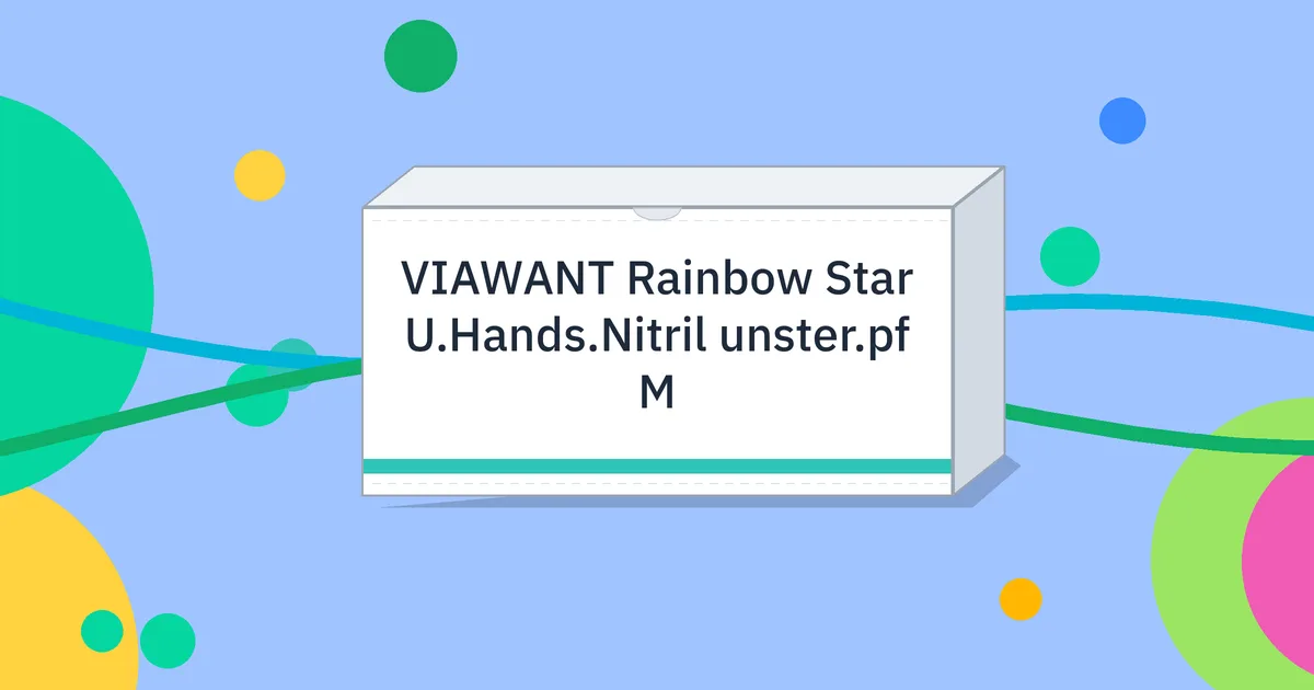 Symbolbild: Packung mit der Aufschrift VIAWANT Rainbow Star U.Hands.Nitril unster.pf M (PZN 18389323) – Verfügbarkeit und Bezug in Apotheken in Frankfurt am Main