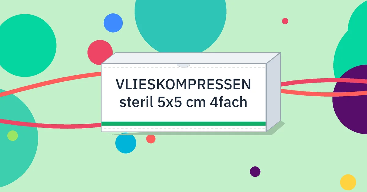 Symbolbild: Packung mit der Aufschrift VLIESKOMPRESSEN steril 5x5 cm 4fach (PZN 05017459) – Verfügbarkeit und Bezug in Apotheken in Frankfurt am Main