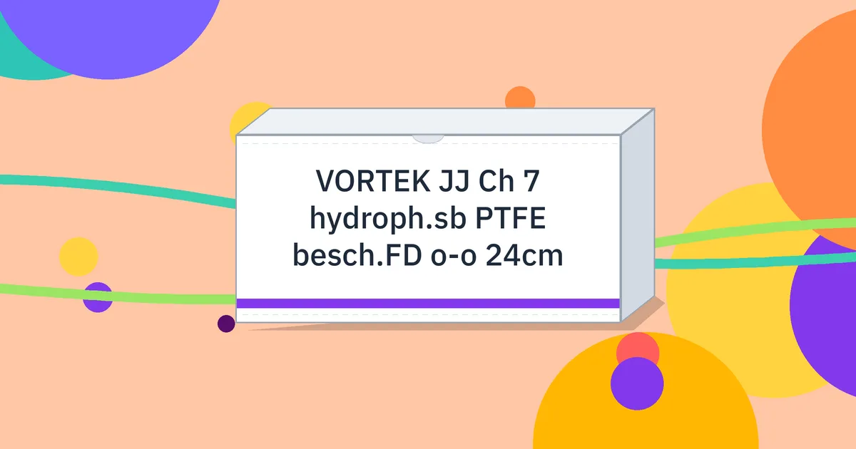 Symbolbild: Packung mit der Aufschrift VORTEK JJ Ch 7 hydroph.sb PTFE besch.FD o-o 24cm (PZN 17998907) – Verfügbarkeit und Bezug in Apotheken in Frankfurt am Main
