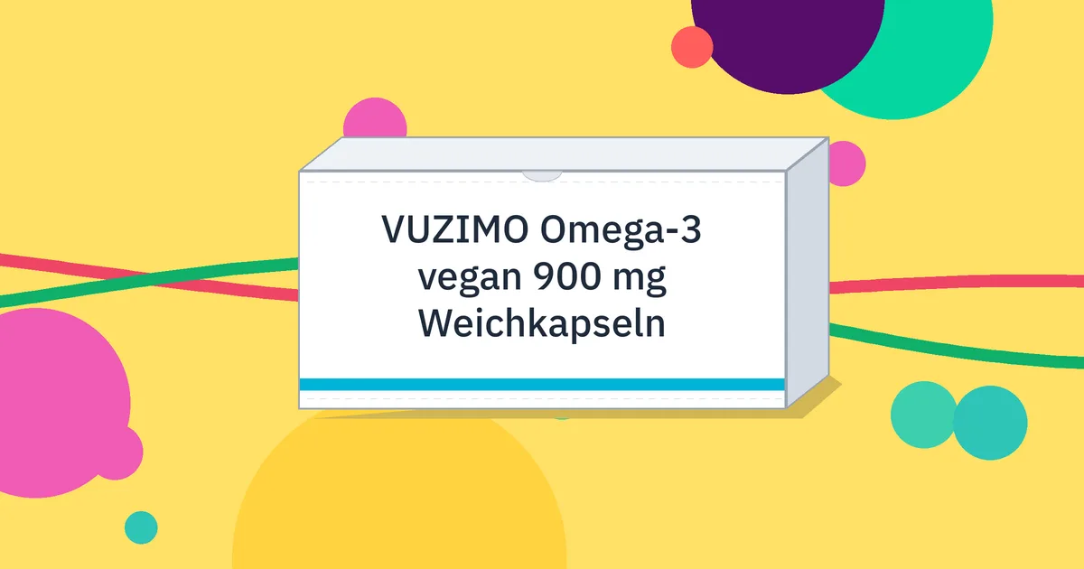 Symbolbild: Packung mit der Aufschrift VUZIMO Omega-3 vegan 900 mg Weichkapseln (PZN 20918711) – Verfügbarkeit und Bezug in Apotheken in Frankfurt am Main