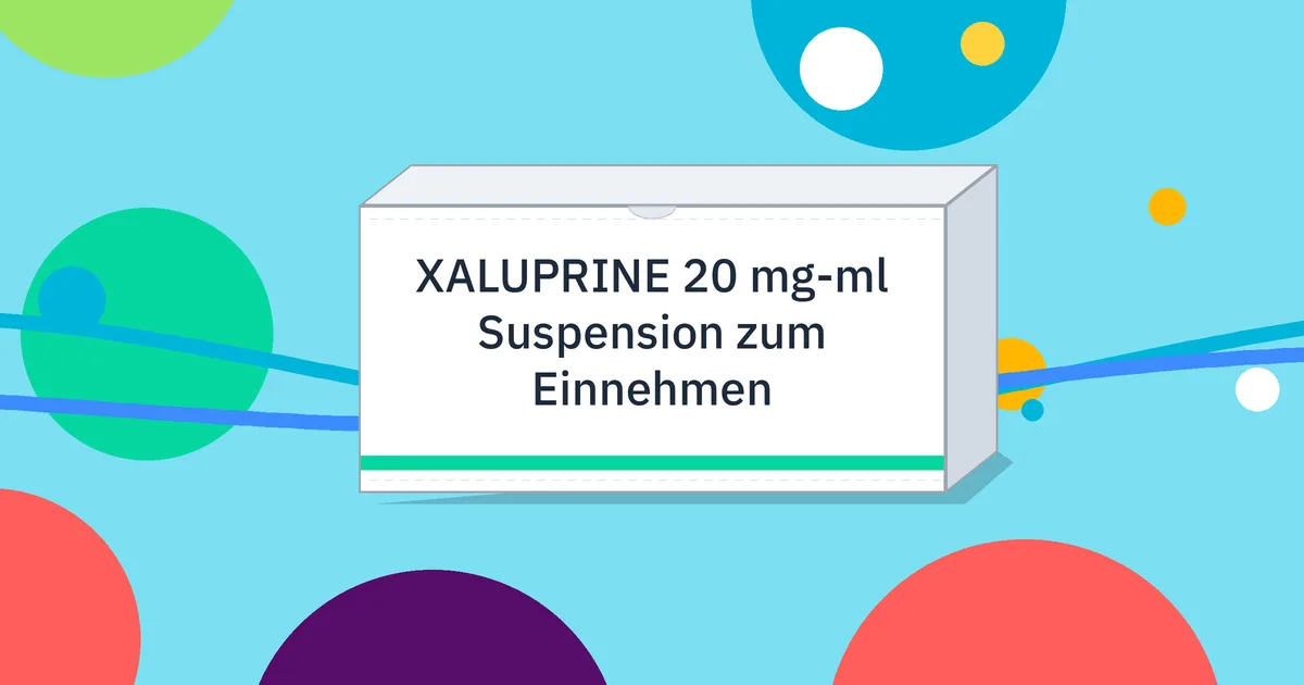 Symbolbild: Packung mit der Aufschrift XALUPRINE 20 mg-ml Suspension zum Einnehmen (PZN 09726201) – Verfügbarkeit und Bezug in Apotheken in Frankfurt am Main