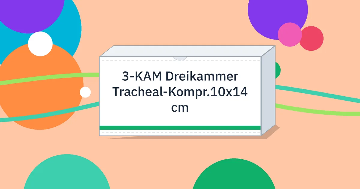 Symbolbild: Packung mit der Aufschrift 3-KAM Dreikammer Tracheal-Kompr.10x14 cm (PZN 08729841) – Verfügbarkeit und Bezug in Apotheken in Frankfurt am Main