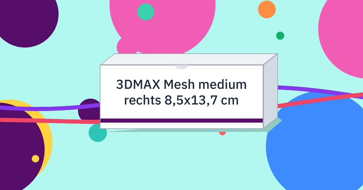 Symbolbild: Packung mit der Aufschrift 3DMAX Mesh medium rechts 8,5x13,7 cm (PZN 03750397) – Verfügbarkeit und Bezug in Apotheken in Frankfurt am Main