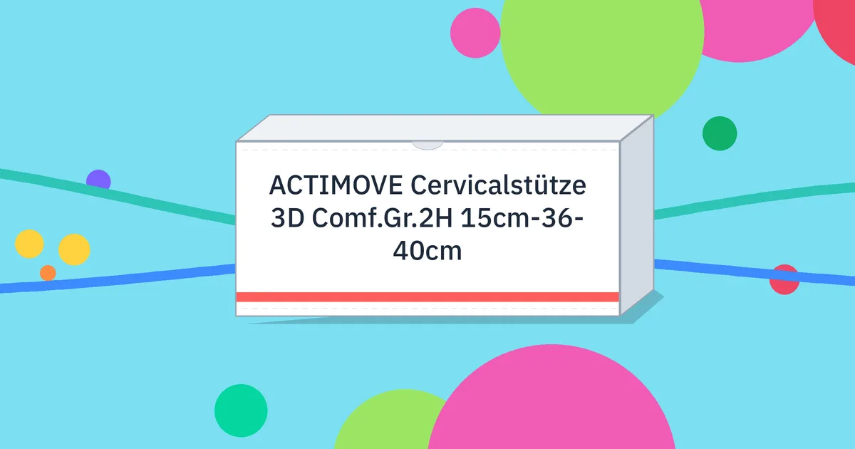 Symbolbild: Packung mit der Aufschrift ACTIMOVE Cervicalstütze 3D Comf.Gr.2H 15cm-36-40cm (PZN 17949027) – Verfügbarkeit und Bezug in Apotheken in Frankfurt am Main