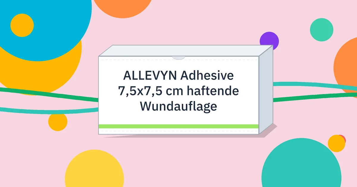 Symbolbild: Packung mit der Aufschrift ALLEVYN Adhesive 7,5x7,5 cm haftende Wundauflage (PZN 09290086) – Verfügbarkeit und Bezug in Apotheken in Frankfurt am Main