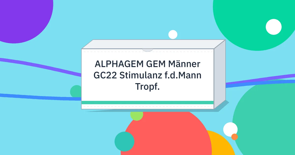 Symbolbild: Packung mit der Aufschrift ALPHAGEM GEM Männer GC22 Stimulanz f.d.Mann Tropf. (PZN 20296416) – Verfügbarkeit und Bezug in Apotheken in Frankfurt am Main