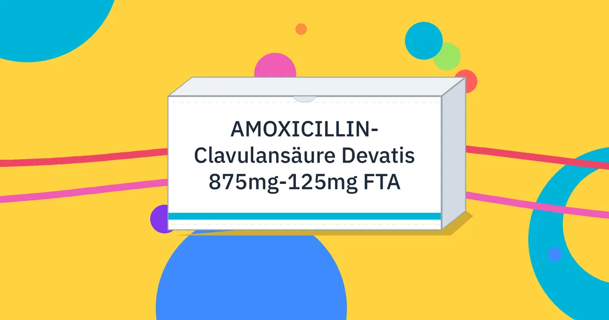 Symbolbild: Packung mit der Aufschrift AMOXICILLIN-Clavulansäure Devatis 875mg-125mg FTA (PZN 15404358) – Verfügbarkeit und Bezug in Apotheken in Frankfurt am Main
