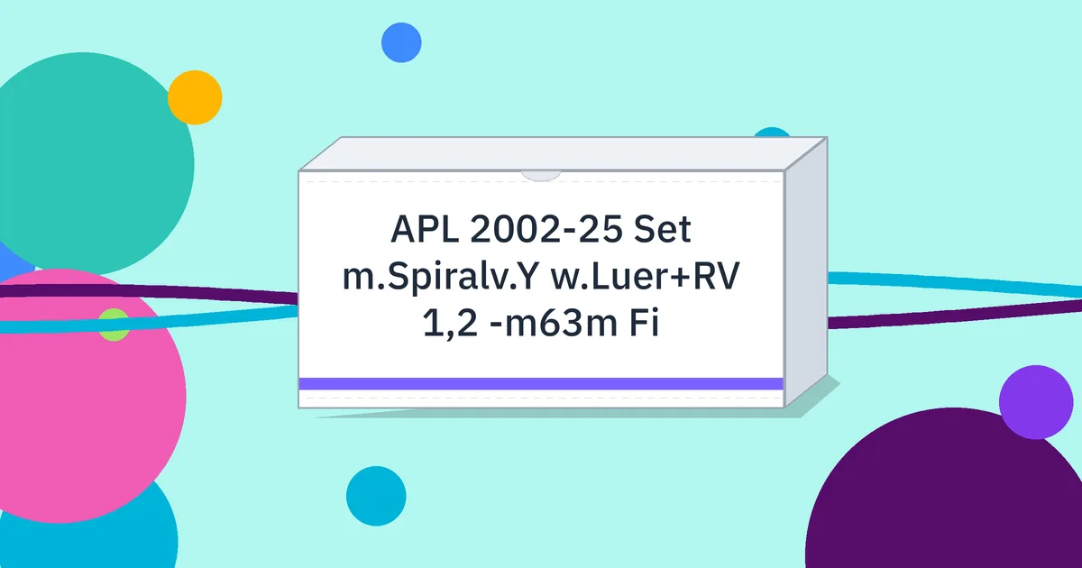 Symbolbild: Packung mit der Aufschrift APL 2002-25 Set m.Spiralv.Y w.Luer+RV 1,2 -m63m Fi (PZN 08461284) – Verfügbarkeit und Bezug in Apotheken in Frankfurt am Main
