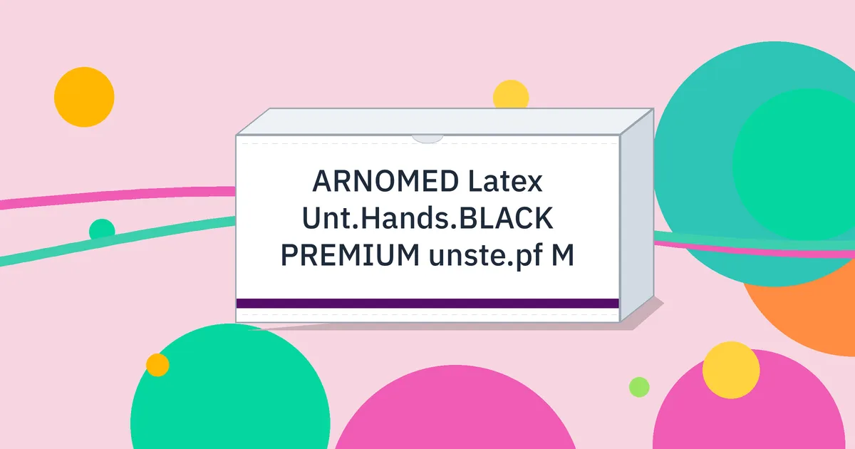 Symbolbild: Packung mit der Aufschrift ARNOMED Latex Unt.Hands.BLACK PREMIUM unste.pf M (PZN 18107709) – Verfügbarkeit und Bezug in Apotheken in Frankfurt am Main