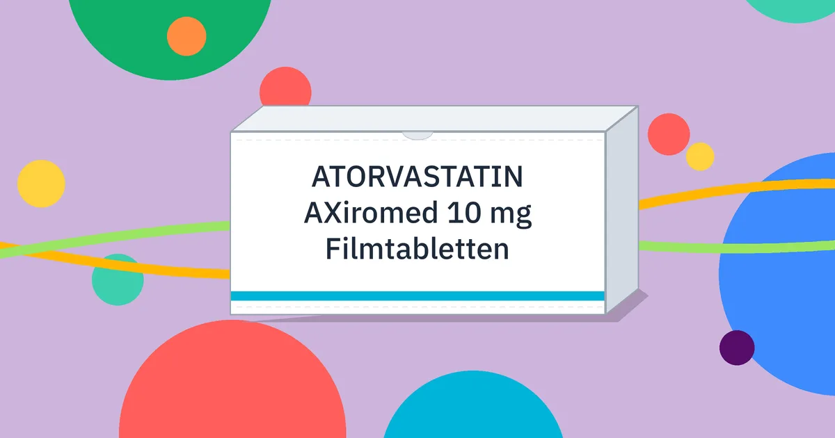 Symbolbild: Packung mit der Aufschrift ATORVASTATIN AXiromed 10 mg Filmtabletten (PZN 13896162) – Verfügbarkeit und Bezug in Apotheken in Frankfurt am Main