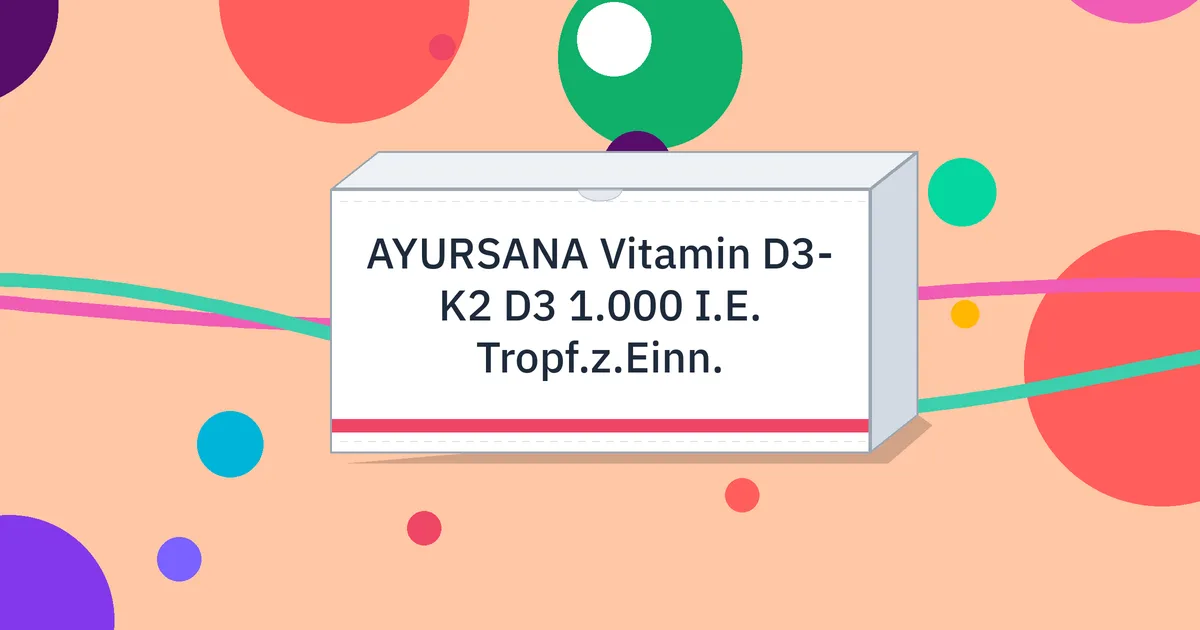 Symbolbild: Packung mit der Aufschrift AYURSANA Vitamin D3-K2 D3 1.000 I.E. Tropf.z.Einn. (PZN 17926463) – Verfügbarkeit und Bezug in Apotheken in Frankfurt am Main