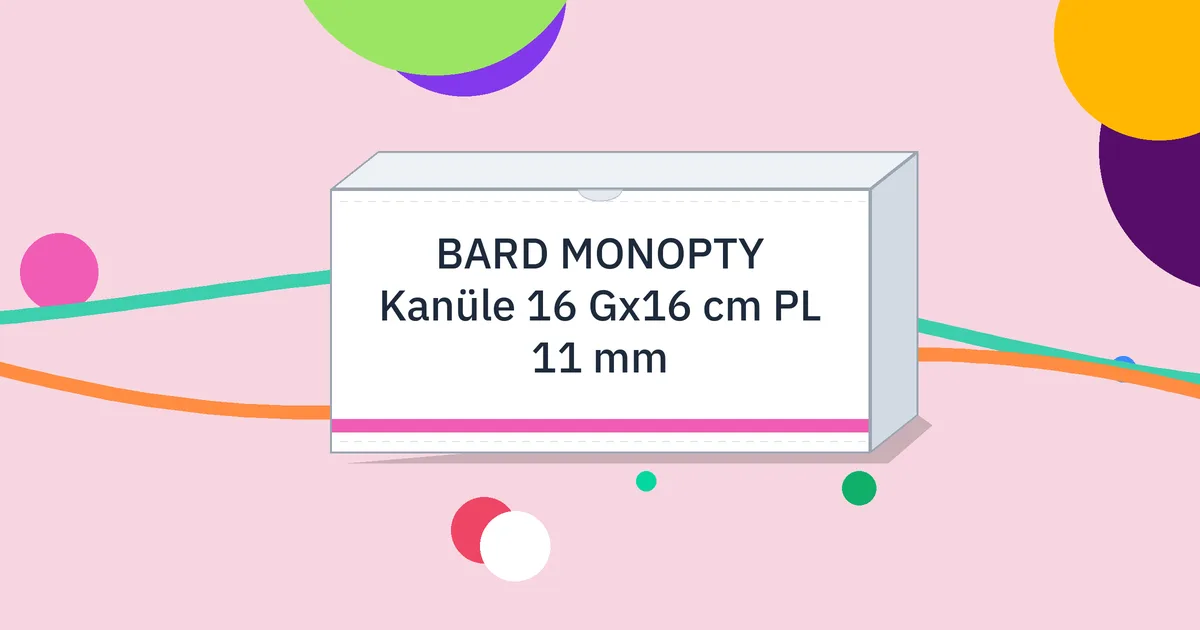Symbolbild: Packung mit der Aufschrift BARD MONOPTY Kanüle 16 Gx16 cm PL 11 mm (PZN 07780627) – Verfügbarkeit und Bezug in Apotheken in Frankfurt am Main