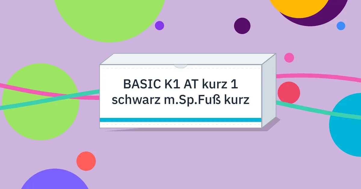 Symbolbild: Packung mit der Aufschrift BASIC K1 AT kurz 1 schwarz m.Sp.Fuß kurz (PZN 20262110) – Verfügbarkeit und Bezug in Apotheken in Frankfurt am Main