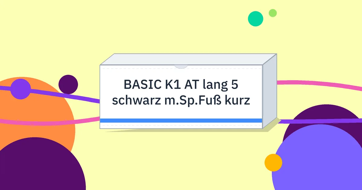 Symbolbild: Packung mit der Aufschrift BASIC K1 AT lang 5 schwarz m.Sp.Fuß kurz (PZN 20262972) – Verfügbarkeit und Bezug in Apotheken in Frankfurt am Main