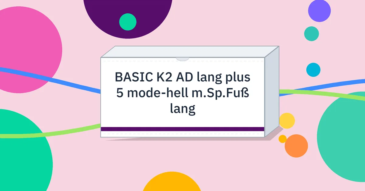 Symbolbild: Packung mit der Aufschrift BASIC K2 AD lang plus 5 mode-hell m.Sp.Fuß lang (PZN 20265367) – Verfügbarkeit und Bezug in Apotheken in Frankfurt am Main