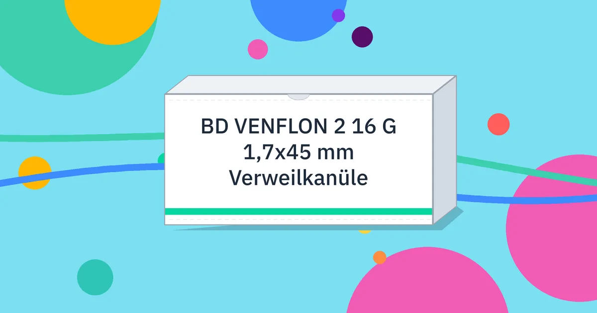 Symbolbild: Packung mit der Aufschrift BD VENFLON 2 16 G 1,7x45 mm Verweilkanüle (PZN 02768082) – Verfügbarkeit und Bezug in Apotheken in Frankfurt am Main