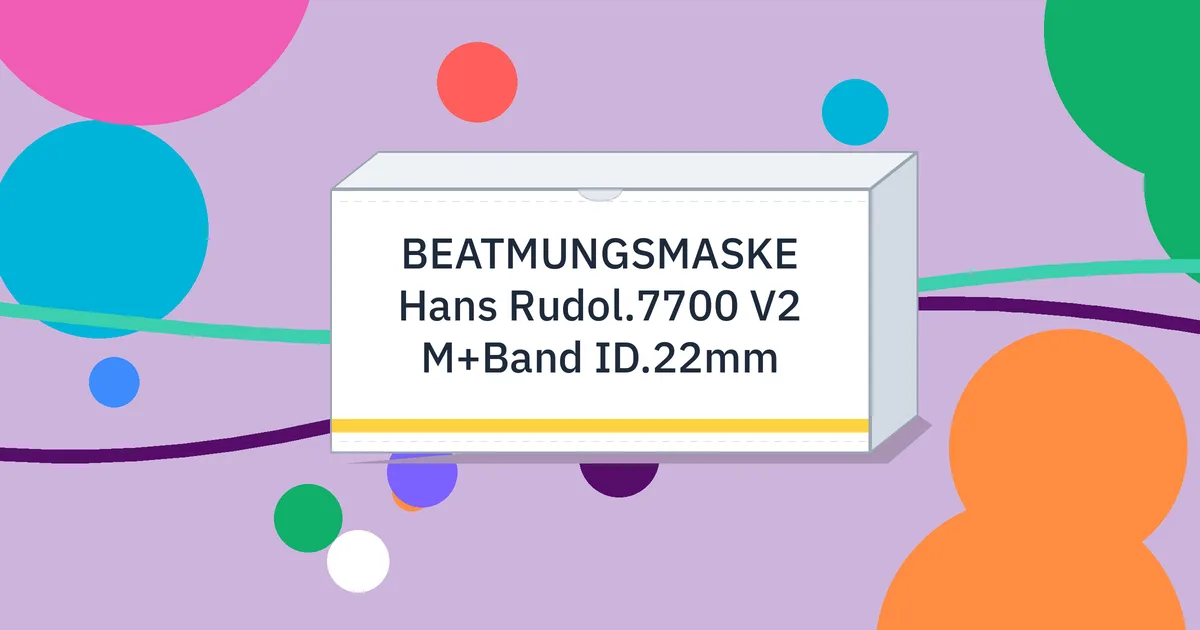 Symbolbild: Packung mit der Aufschrift BEATMUNGSMASKE Hans Rudol.7700 V2 M+Band ID.22mm (PZN 17303153) – Verfügbarkeit und Bezug in Apotheken in Frankfurt am Main