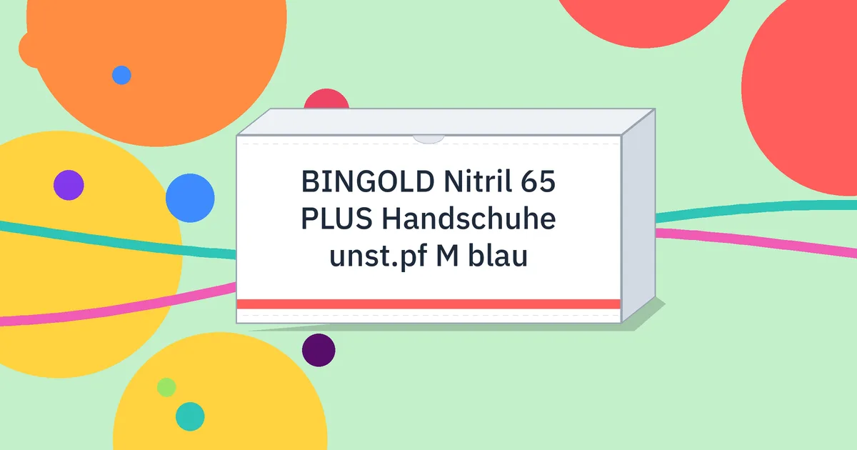 Symbolbild: Packung mit der Aufschrift BINGOLD Nitril 65 PLUS Handschuhe unst.pf M blau (PZN 17384281) – Verfügbarkeit und Bezug in Apotheken in Frankfurt am Main
