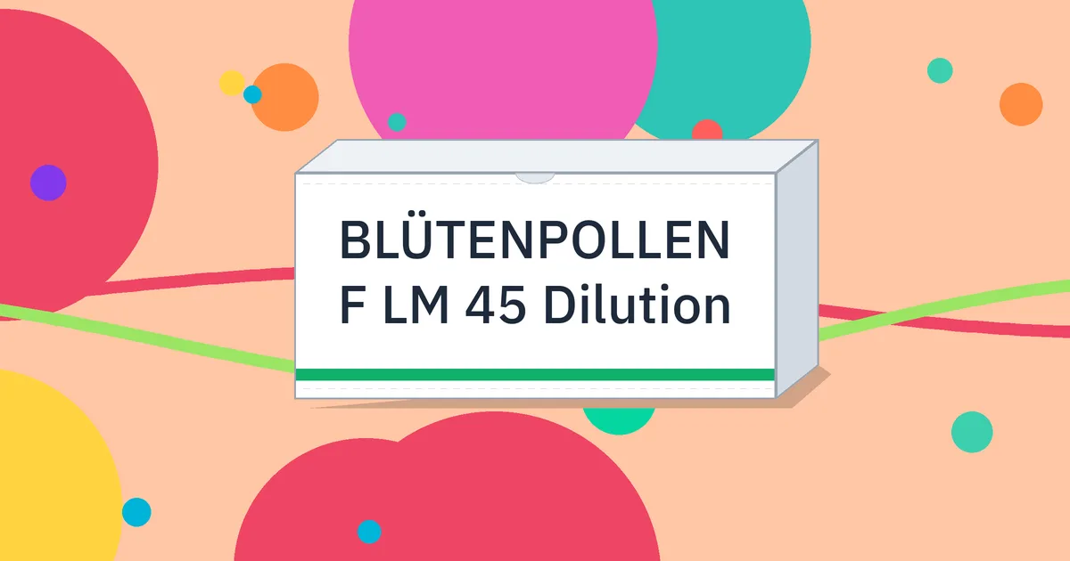 Symbolbild: Packung mit der Aufschrift BLÜTENPOLLEN F LM 45 Dilution (PZN 13389838) – Verfügbarkeit und Bezug in Apotheken in Frankfurt am Main