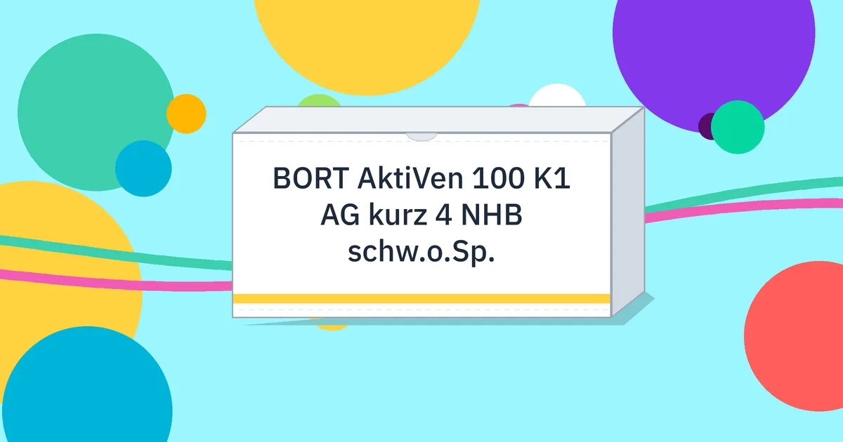 Symbolbild: Packung mit der Aufschrift BORT AktiVen 100 K1 AG kurz 4 NHB schw.o.Sp. (PZN 14387735) – Verfügbarkeit und Bezug in Apotheken in Frankfurt am Main
