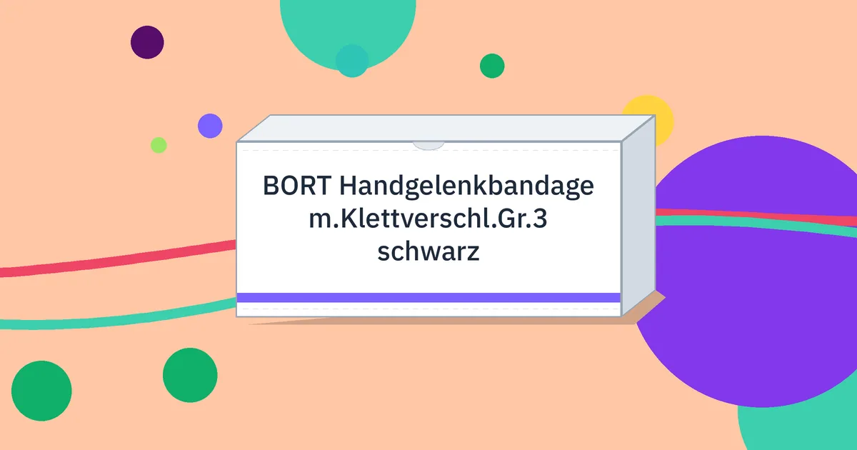 Symbolbild: Packung mit der Aufschrift BORT Handgelenkbandage m.Klettverschl.Gr.3 schwarz (PZN 04654106) – Verfügbarkeit und Bezug in Apotheken in Frankfurt am Main