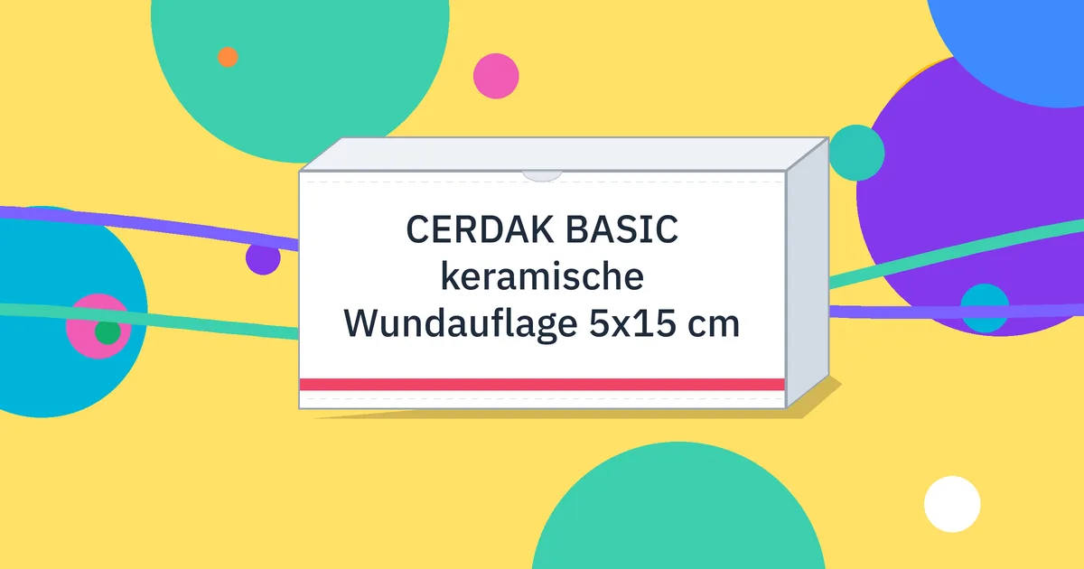 Symbolbild: Packung mit der Aufschrift CERDAK BASIC keramische Wundauflage 5x15 cm (PZN 19186987) – Verfügbarkeit und Bezug in Apotheken in Frankfurt am Main