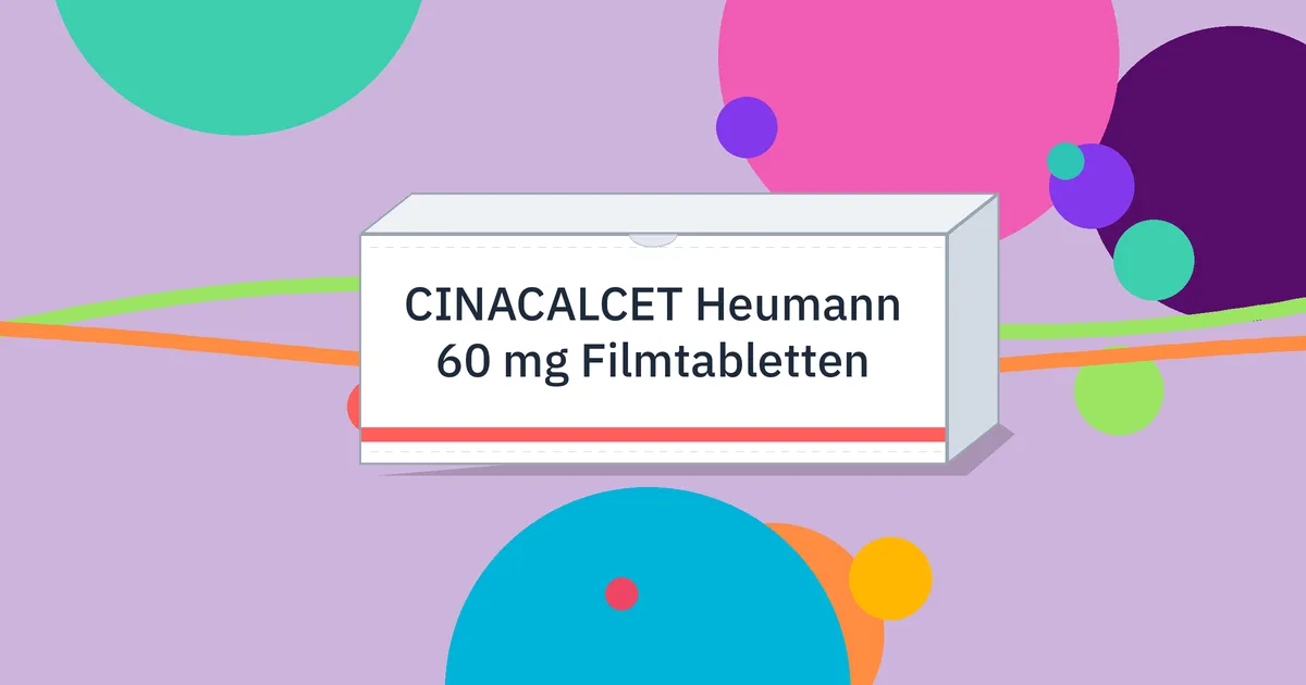 Symbolbild: Packung mit der Aufschrift CINACALCET Heumann 60 mg Filmtabletten (PZN 14064133) – Verfügbarkeit und Bezug in Apotheken in Frankfurt am Main