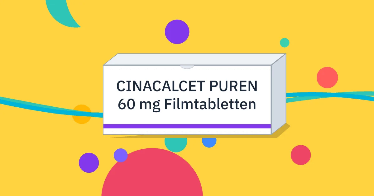 Symbolbild: Packung mit der Aufschrift CINACALCET PUREN 60 mg Filmtabletten (PZN 15396541) – Verfügbarkeit und Bezug in Apotheken in Frankfurt am Main