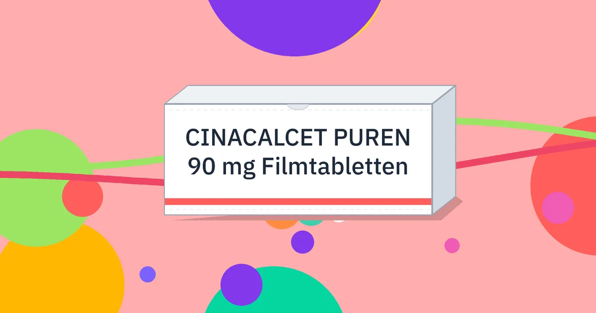 Symbolbild: Packung mit der Aufschrift CINACALCET PUREN 90 mg Filmtabletten (PZN 15396564) – Verfügbarkeit und Bezug in Apotheken in Frankfurt am Main