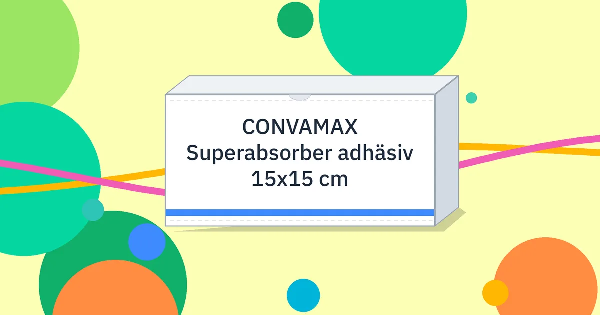 Symbolbild: Packung mit der Aufschrift CONVAMAX Superabsorber adhäsiv 15x15 cm (PZN 18834645) – Verfügbarkeit und Bezug in Apotheken in Frankfurt am Main