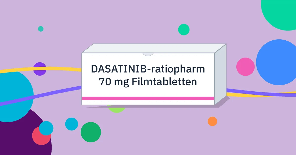 Symbolbild: Packung mit der Aufschrift DASATINIB-ratiopharm 70 mg Filmtabletten (PZN 16315094) – Verfügbarkeit und Bezug in Apotheken in Frankfurt am Main