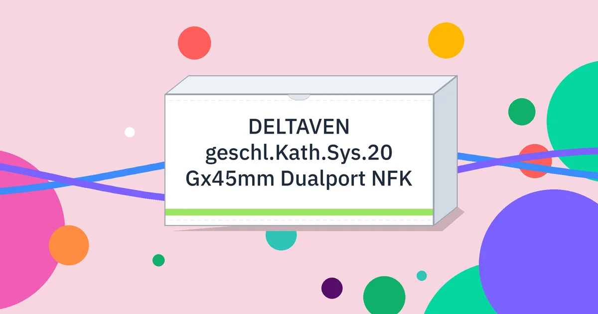 Symbolbild: Packung mit der Aufschrift DELTAVEN geschl.Kath.Sys.20 Gx45mm Dualport NFK (PZN 13977222) – Verfügbarkeit und Bezug in Apotheken in Frankfurt am Main