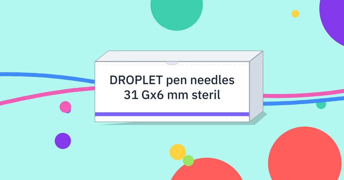 Symbolbild: Packung mit der Aufschrift DROPLET pen needles 31 Gx6 mm steril (PZN 19847466) – Verfügbarkeit und Bezug in Apotheken in Frankfurt am Main