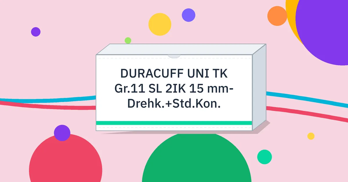 Symbolbild: Packung mit der Aufschrift DURACUFF UNI TK Gr.11 SL 2IK 15 mm-Drehk.+Std.Kon. (PZN 04958622) – Verfügbarkeit und Bezug in Apotheken in Frankfurt am Main