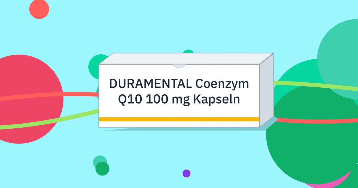 Symbolbild: Packung mit der Aufschrift DURAMENTAL Coenzym Q10 100 mg Kapseln (PZN 08837329) – Verfügbarkeit und Bezug in Apotheken in Frankfurt am Main