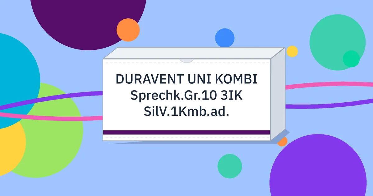 Symbolbild: Packung mit der Aufschrift DURAVENT UNI KOMBI Sprechk.Gr.10 3IK SilV.1Kmb.ad. (PZN 06996851) – Verfügbarkeit und Bezug in Apotheken in Frankfurt am Main