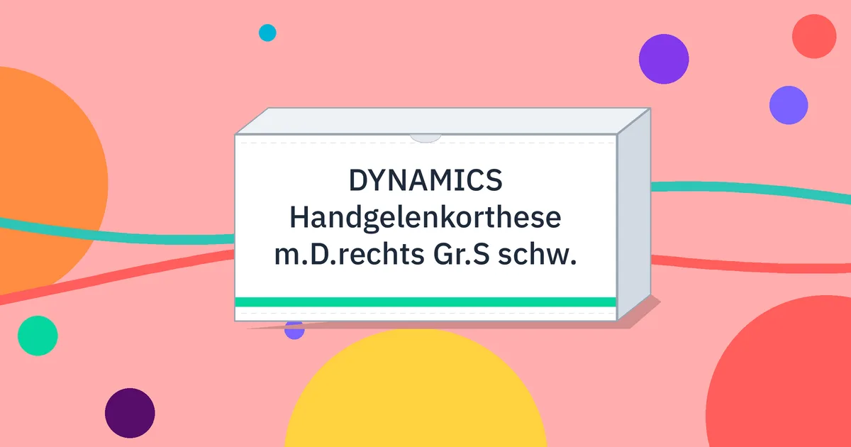 Symbolbild: Packung mit der Aufschrift DYNAMICS Handgelenkorthese m.D.rechts Gr.S schw. (PZN 10633226) – Verfügbarkeit und Bezug in Apotheken in Frankfurt am Main