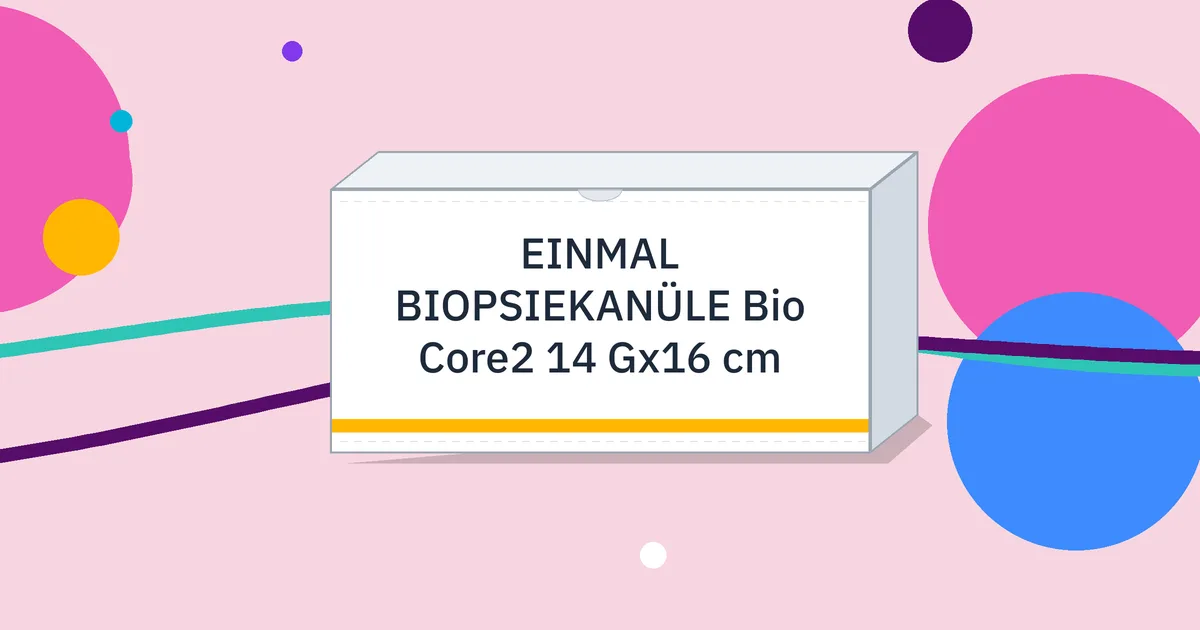 Symbolbild: Packung mit der Aufschrift EINMAL BIOPSIEKANÜLE Bio Core2 14 Gx16 cm (PZN 10184662) – Verfügbarkeit und Bezug in Apotheken in Frankfurt am Main