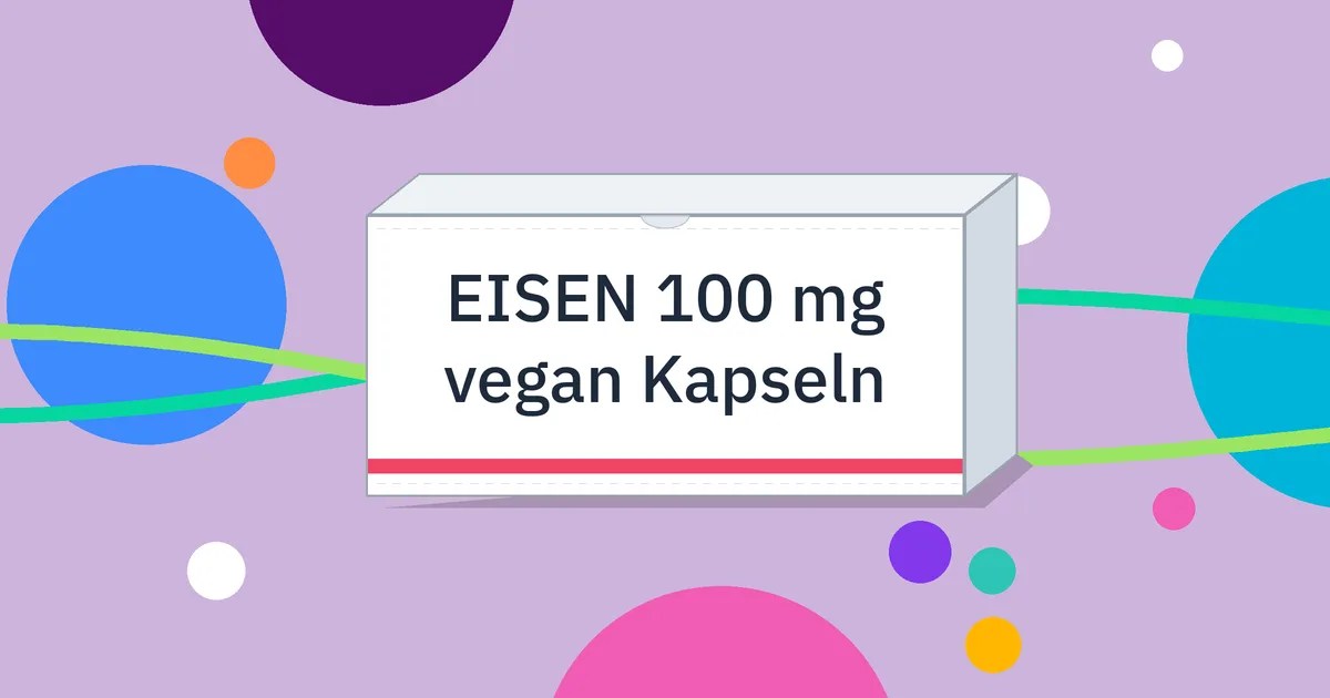 Symbolbild: Packung mit der Aufschrift EISEN 100 mg vegan Kapseln (PZN 19099923) – Verfügbarkeit und Bezug in Apotheken in Frankfurt am Main