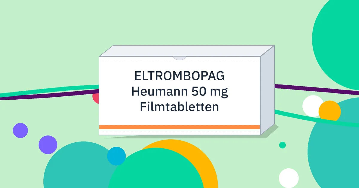 Symbolbild: Packung mit der Aufschrift ELTROMBOPAG Heumann 50 mg Filmtabletten (PZN 19421201) – Verfügbarkeit und Bezug in Apotheken in Frankfurt am Main