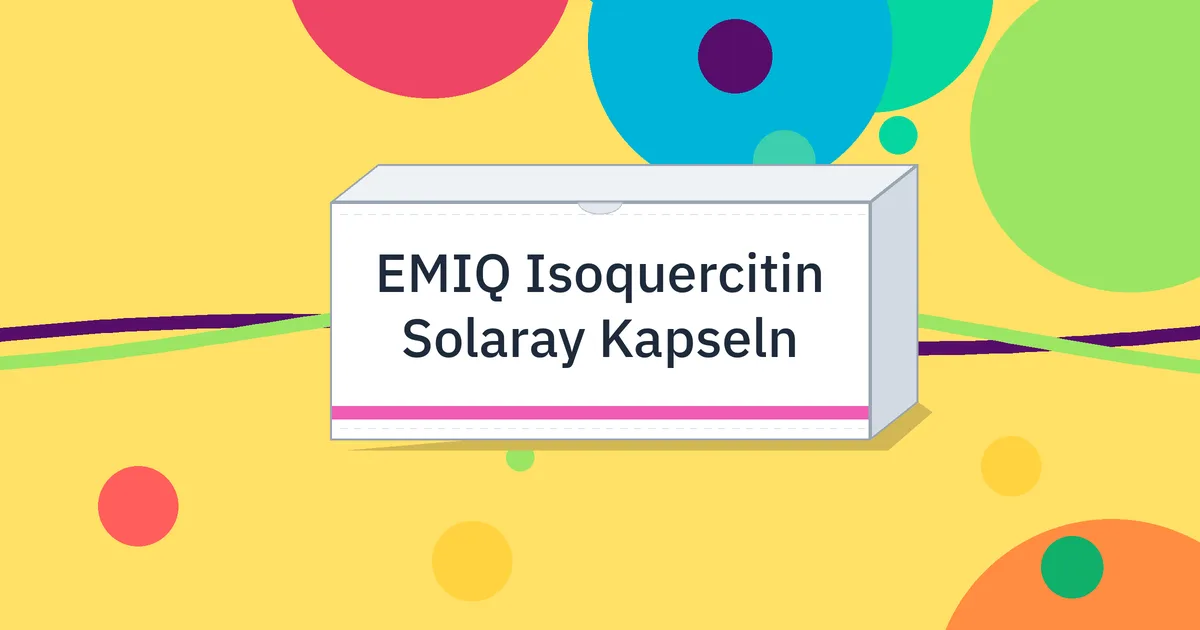 Symbolbild: Packung mit der Aufschrift EMIQ Isoquercitin Solaray Kapseln (PZN 19492862) – Verfügbarkeit und Bezug in Apotheken in Frankfurt am Main