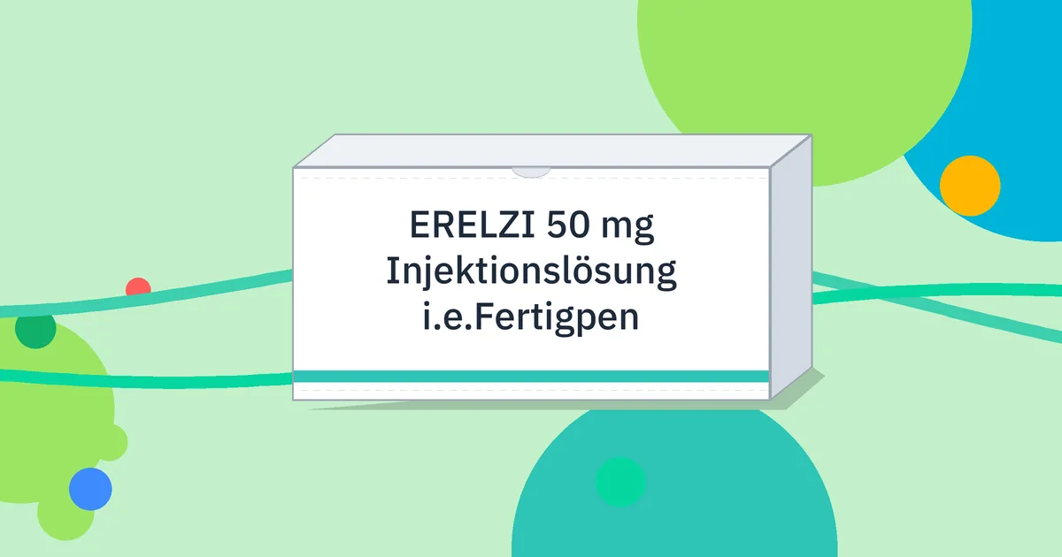 Symbolbild: Packung mit der Aufschrift ERELZI 50 mg Injektionslösung i.e.Fertigpen (PZN 17304715) – Verfügbarkeit und Bezug in Apotheken in Frankfurt am Main