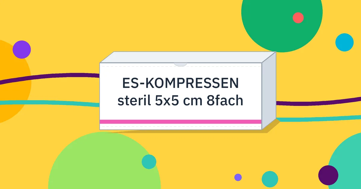 Symbolbild: Packung mit der Aufschrift ES-KOMPRESSEN steril 5x5 cm 8fach (PZN 18374534) – Verfügbarkeit und Bezug in Apotheken in Frankfurt am Main