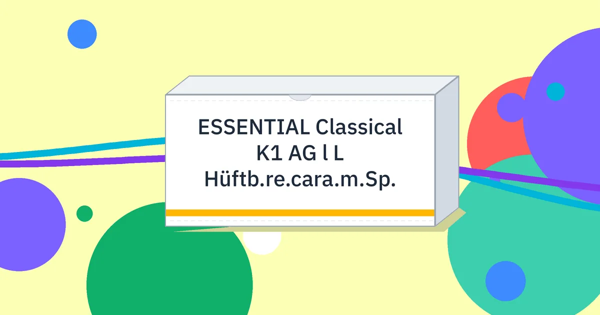 Symbolbild: Packung mit der Aufschrift ESSENTIAL Classical K1 AG l L Hüftb.re.cara.m.Sp. (PZN 17011858) – Verfügbarkeit und Bezug in Apotheken in Frankfurt am Main